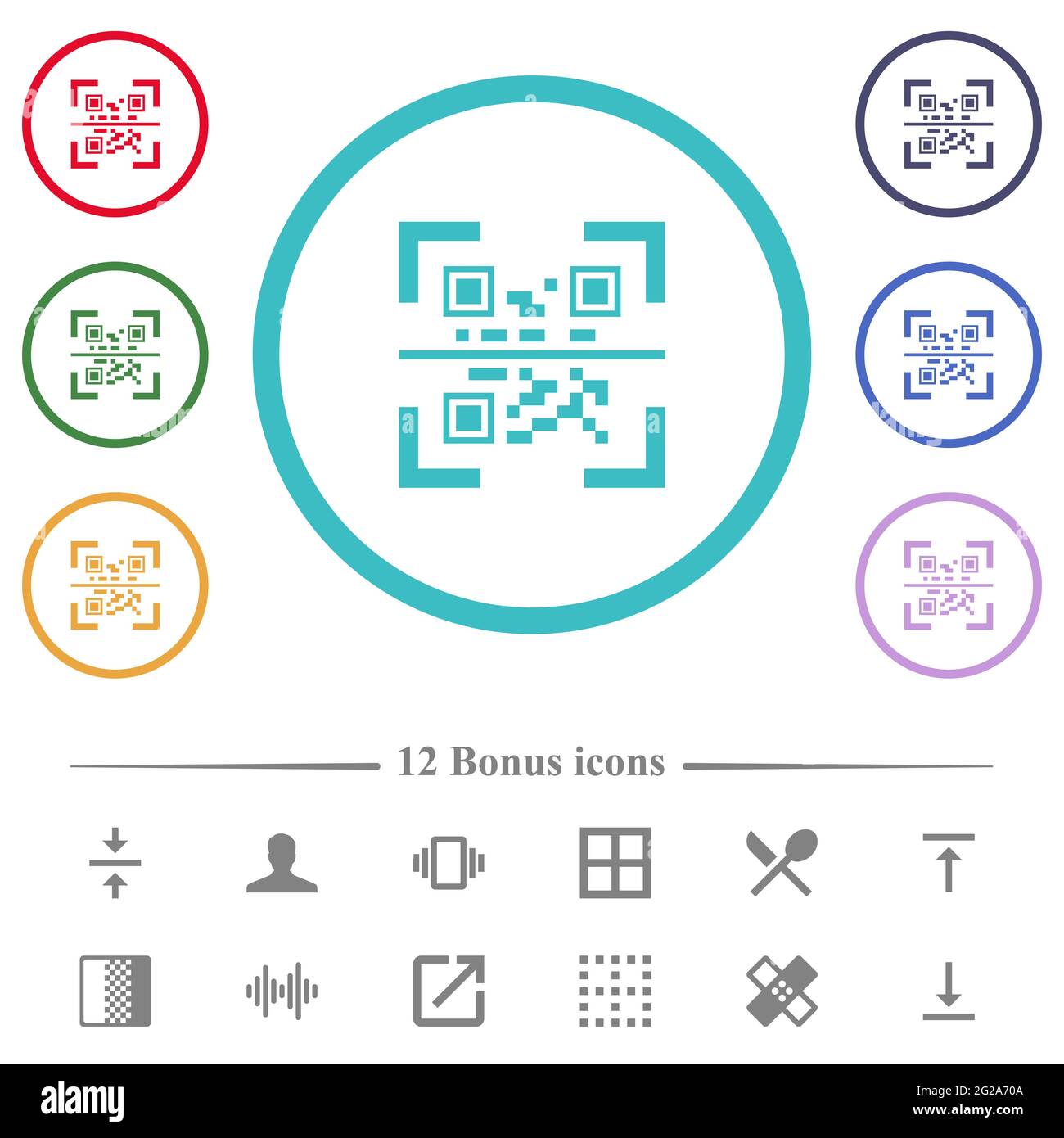 QR code scanning flat color icons in circle shape outlines. 12 bonus ...