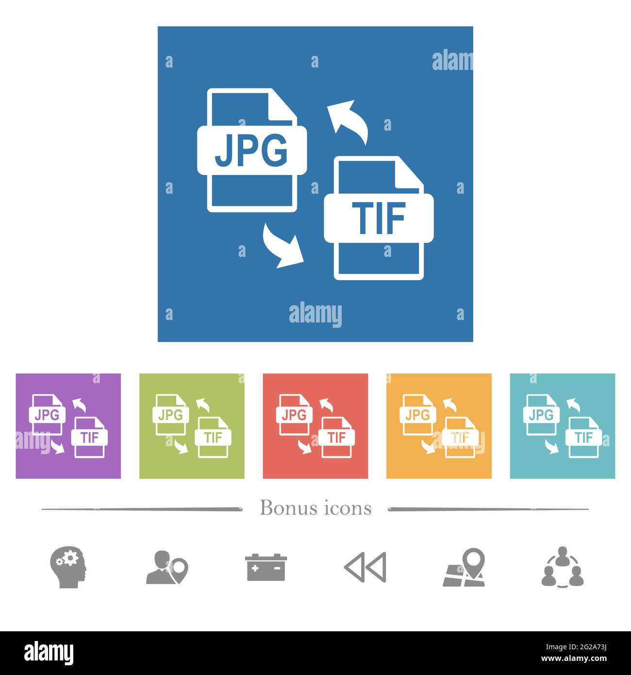 JPG TIF file conversion flat white icons in square backgrounds. 6 bonus ...