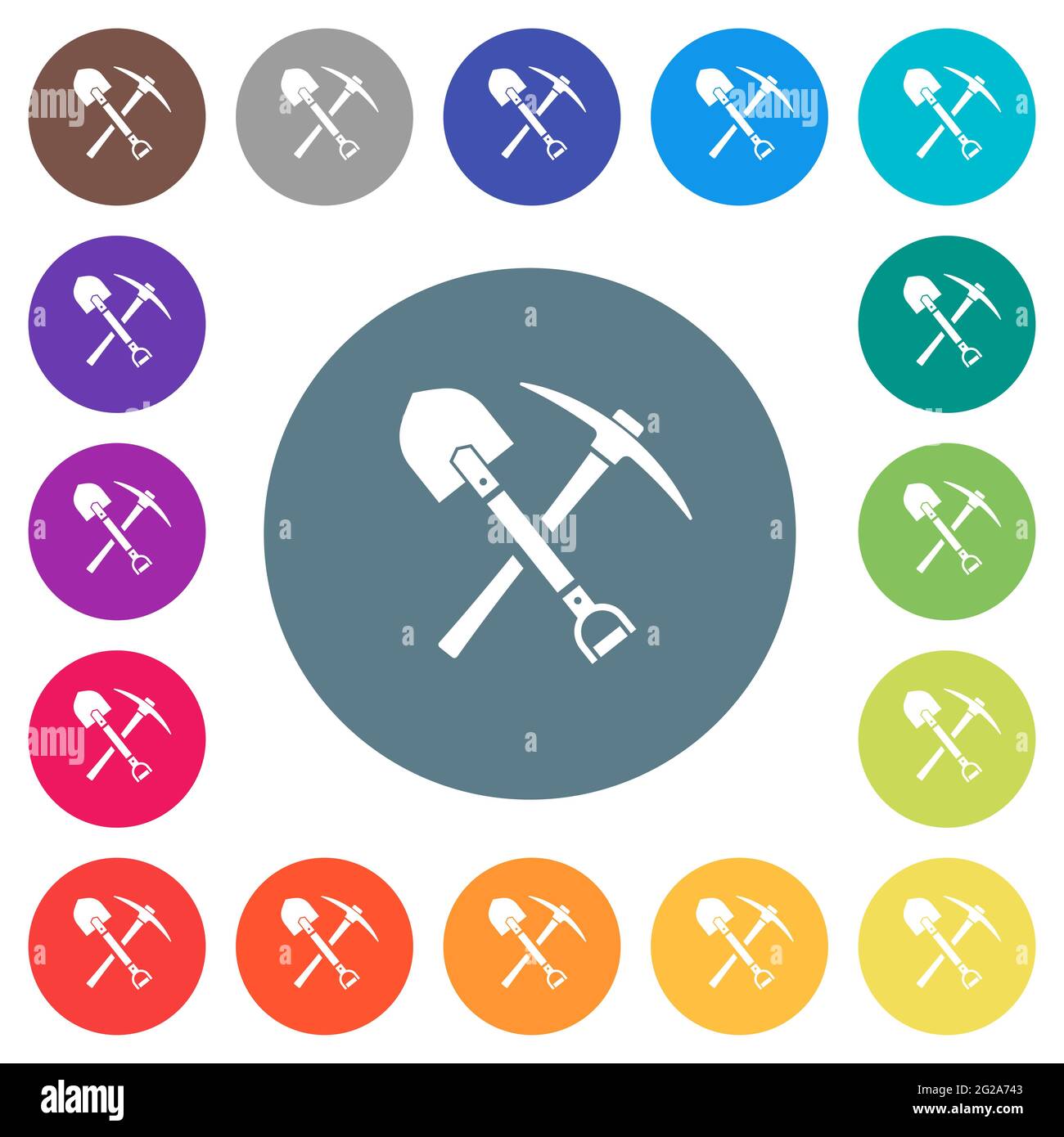 shovel and pickaxe flat white icons on round color backgrounds. 17 background color variations ...