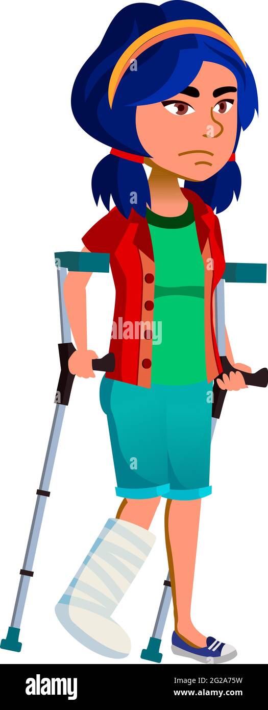 sad girl with broken leg walking on crutches cartoon vector Stock ...