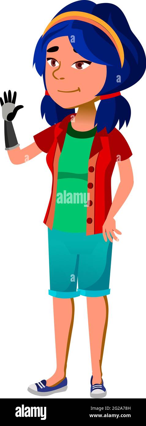 smiling girl waving with robotic hand prosthesis cartoon vector Stock ...