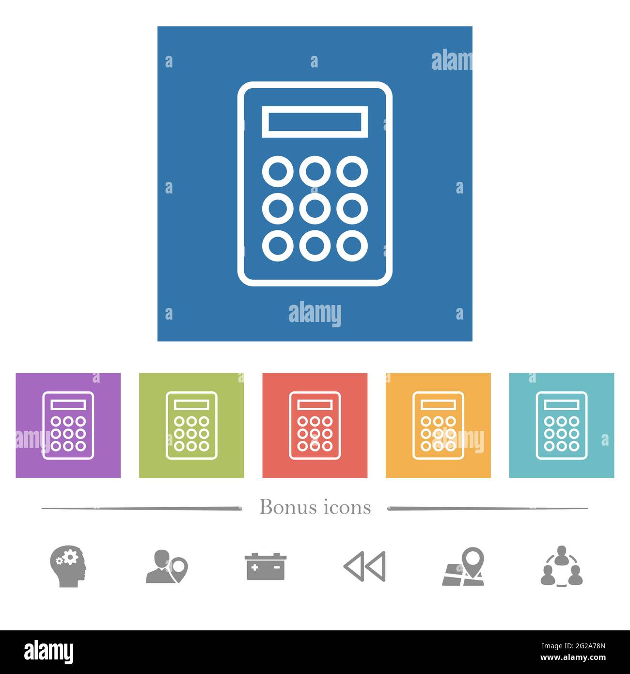 Calculator flat white icons in square backgrounds. 6 bonus icons ...