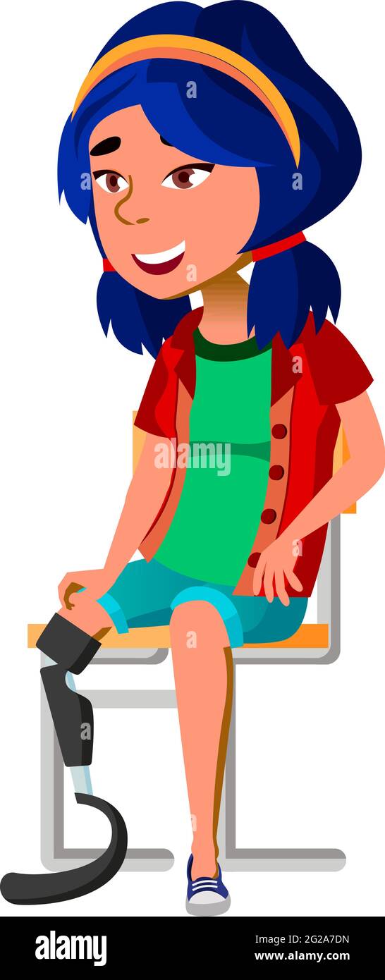 happiness girl with leg prosthesis visiting rehabilitation center ...