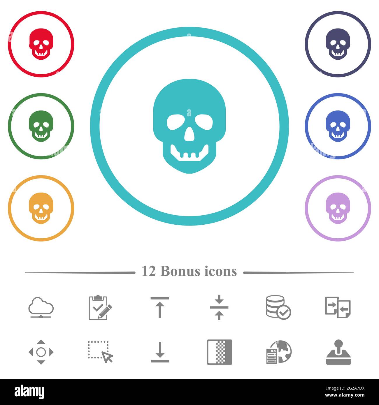 Human skull flat color icons in circle shape outlines. 12 bonus icons ...