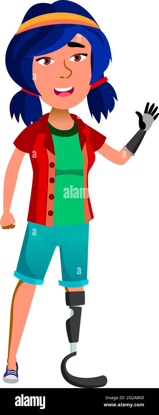 joy girl with prosthesis leg and waving with artificial limb cartoon ...
