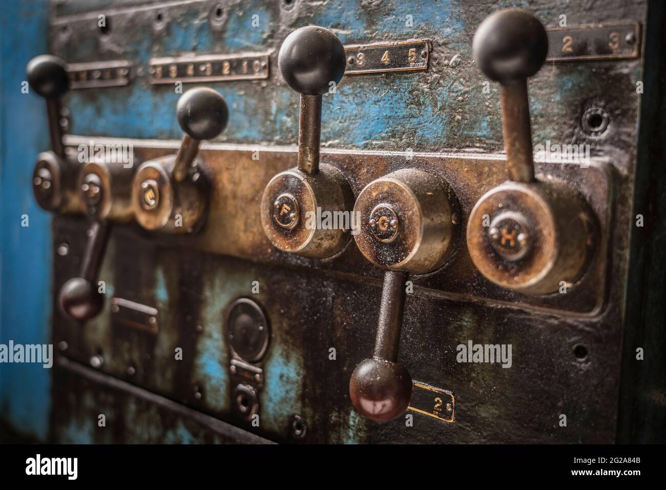 gearbox levers on a historic lathe Stock Photo - Alamy