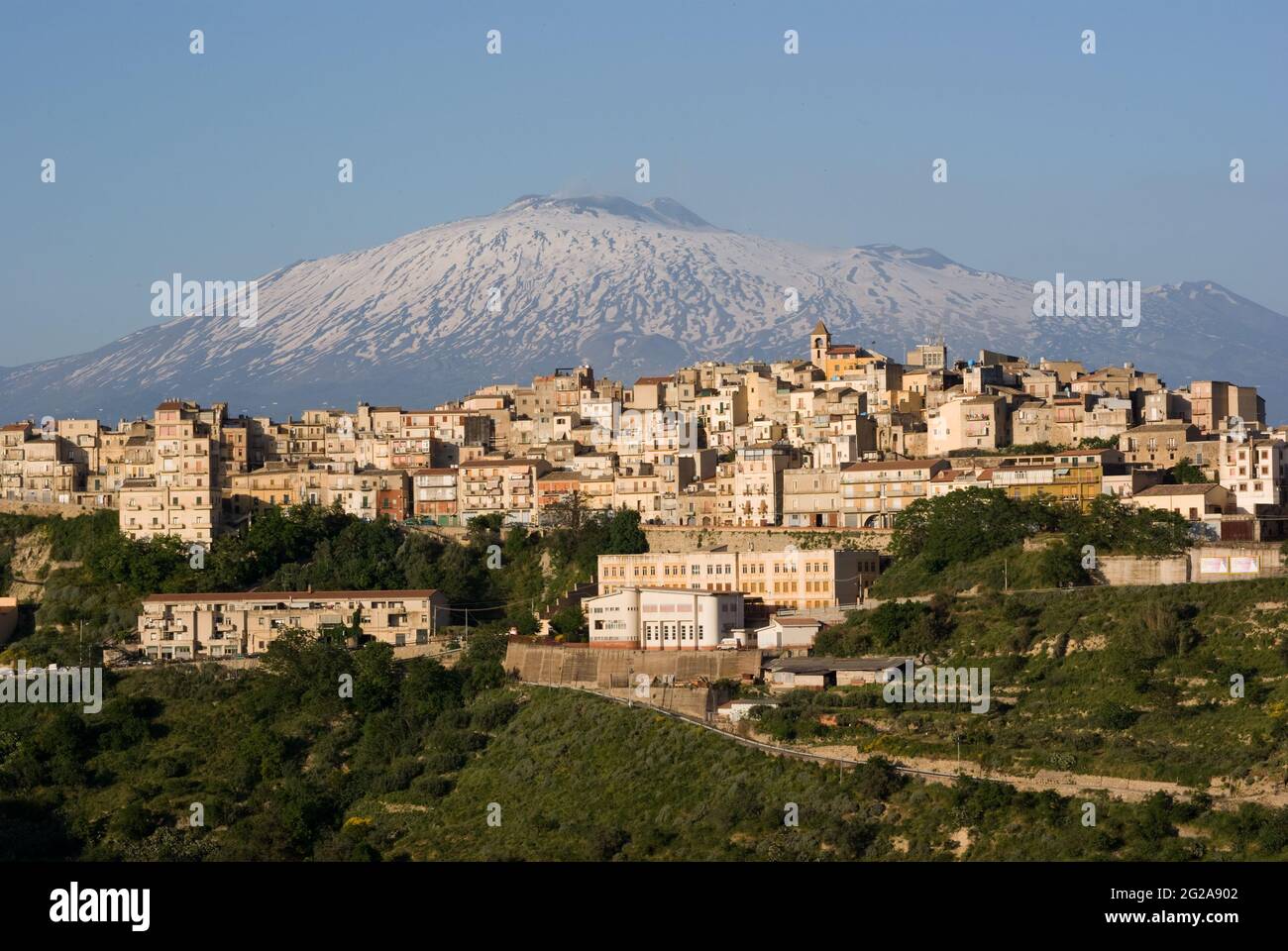 view of Centuripe mountain town in Sicily, on background the snowy ...