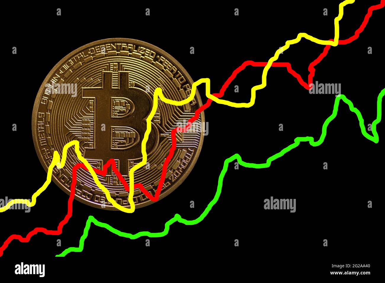 valuable golden bitcoin on dark black background with colorful rising ...