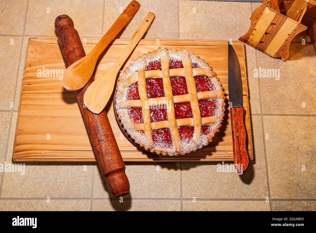 Close-up of a warm homemade Pasta Frola tart filled with quince and ...