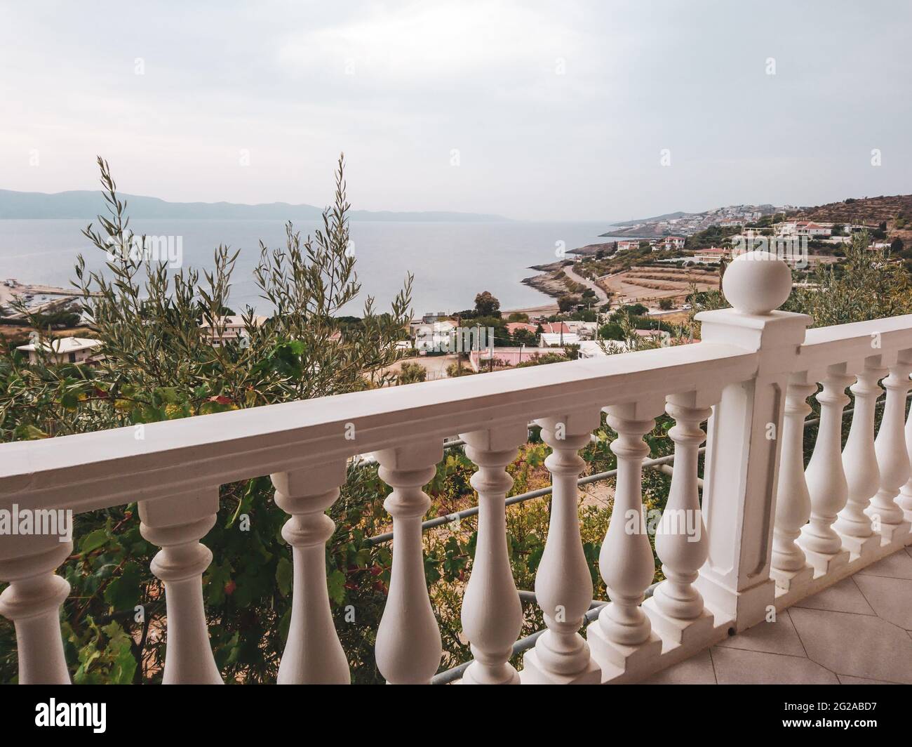 Traditional Greek architecture white terrace balcony with balusters ...