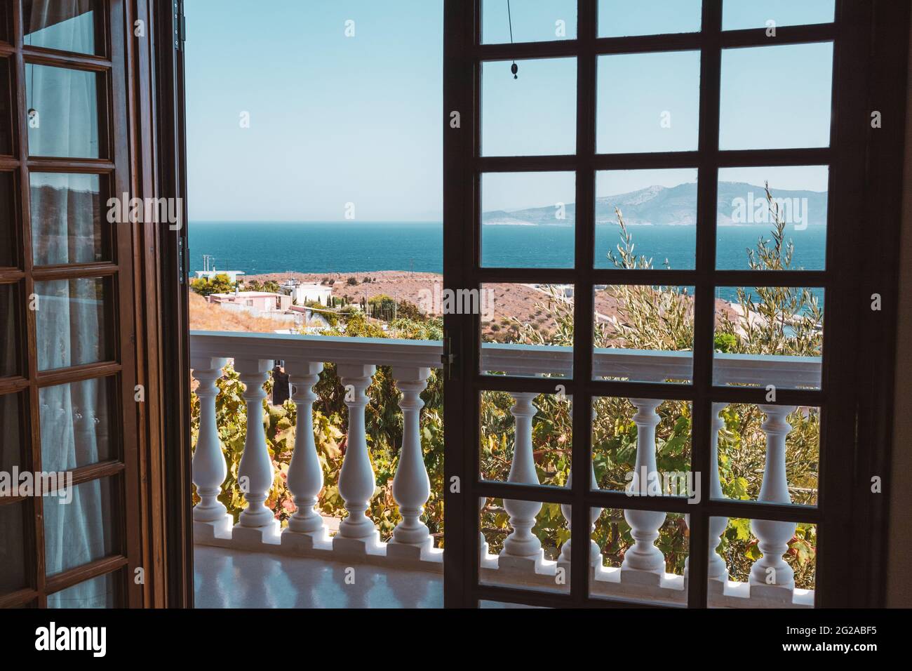 Traditional Greek architecture white terrace balcony with balusters ...