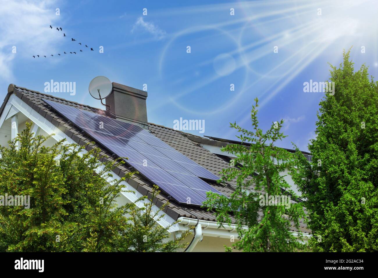 Solar panels on the roof. Beautiful modern house and solar energy ...
