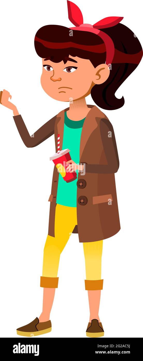 hungry girl child holding drink cup waiting food order cartoon vector ...