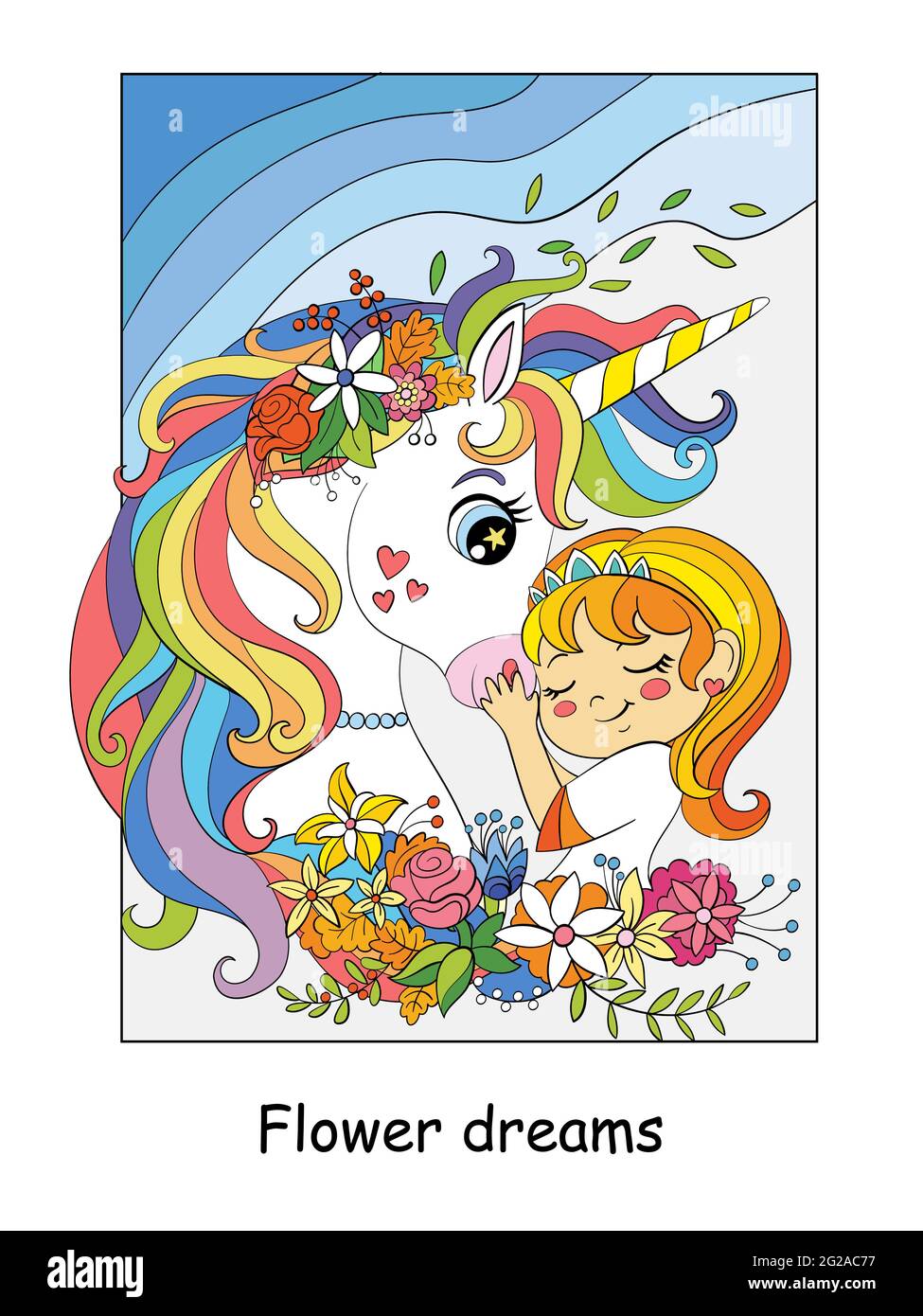 Cute princess hugs with unicorn with flowers. Vector colorful cartoon ...