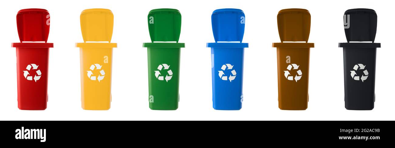 Set of plastic multicolored trash cans isolated on white background ...
