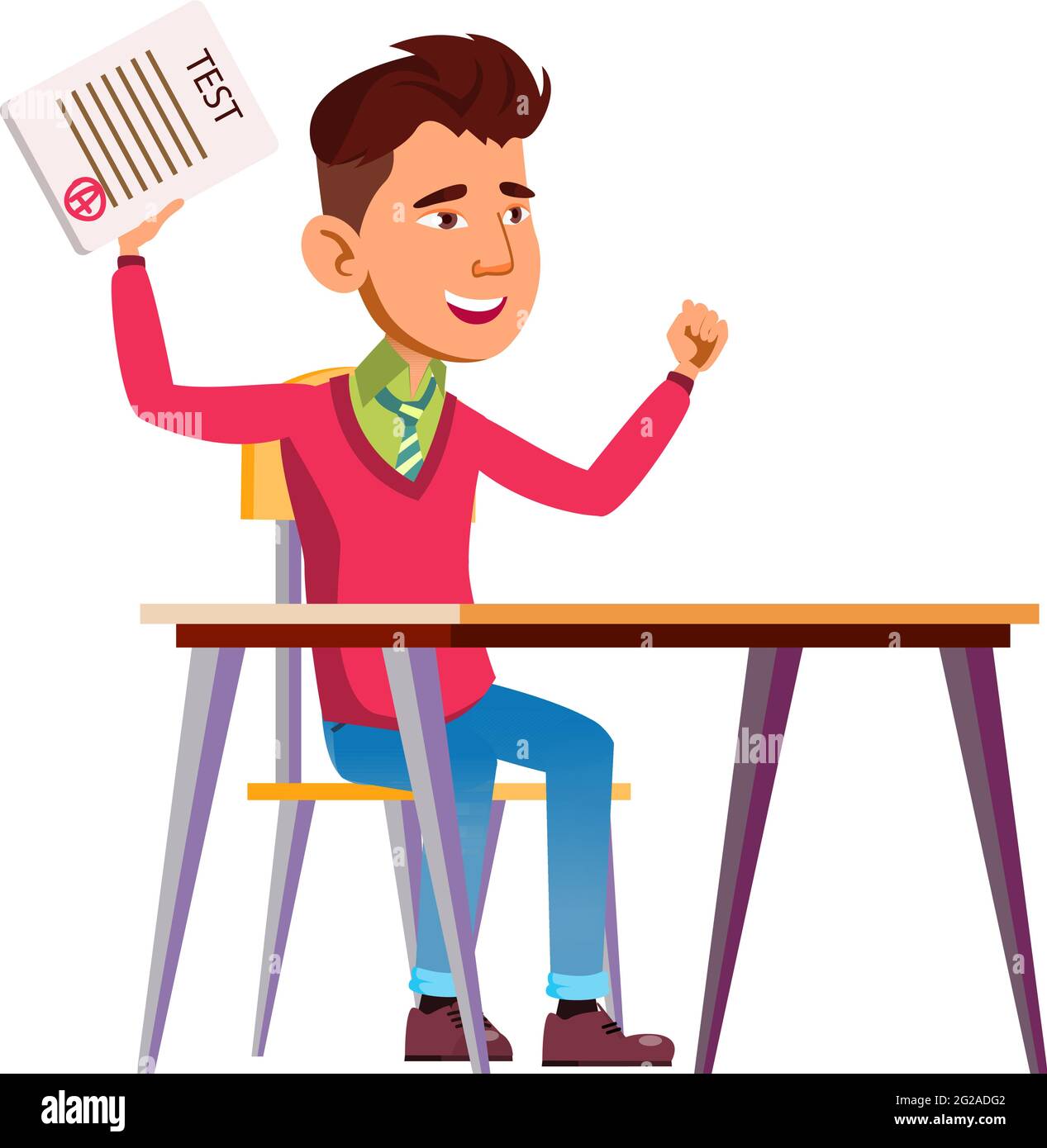 boy student sitting at desk and celebrate great test mark cartoon ...