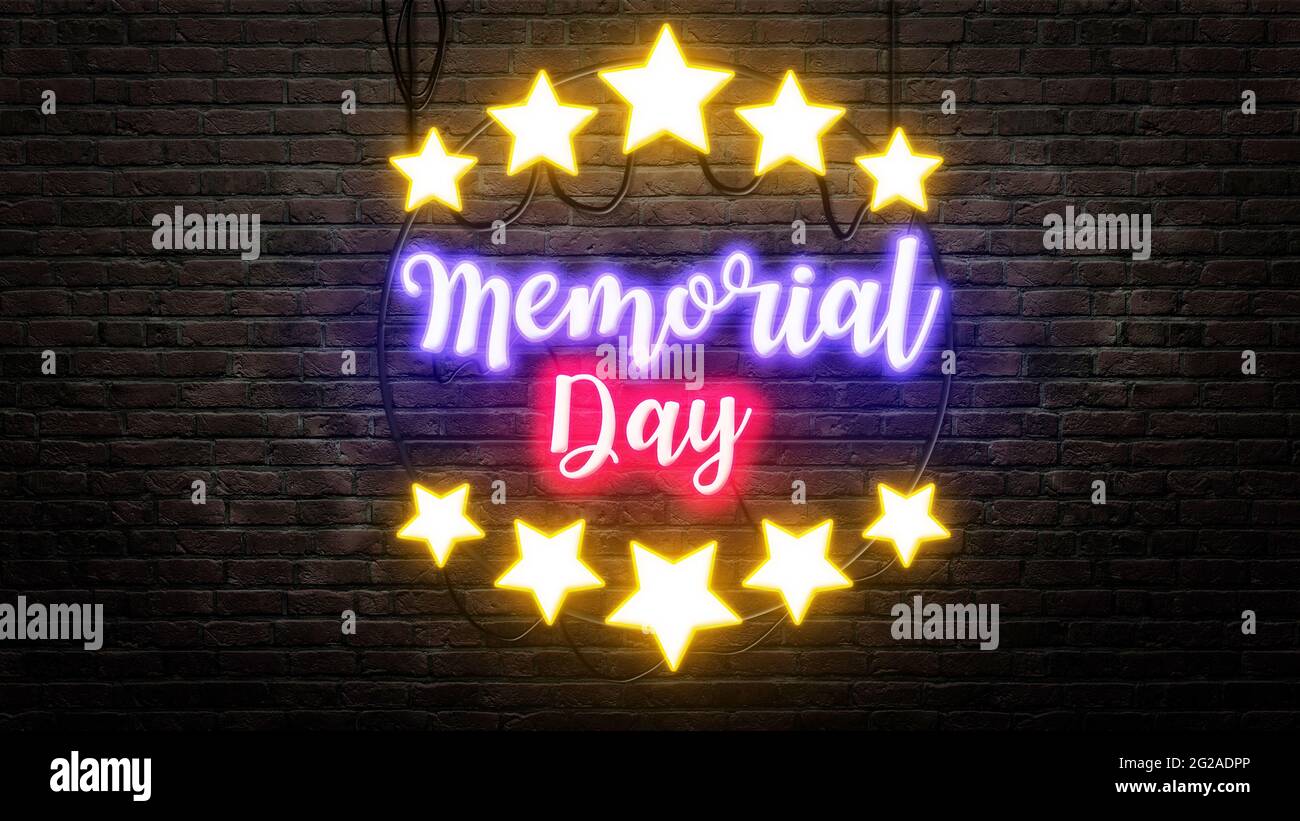 memorial day sign emblem in neon style on brick wall background Stock ...