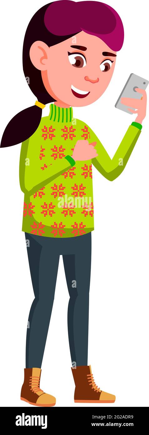 happy girl reading message on smartphone cartoon vector Stock Vector ...