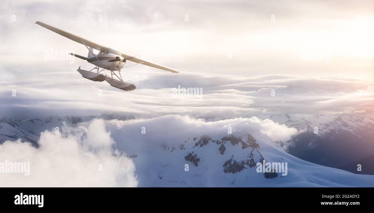 Airplane flying near the Beautiful Canadian Mountain Nature Landscape ...