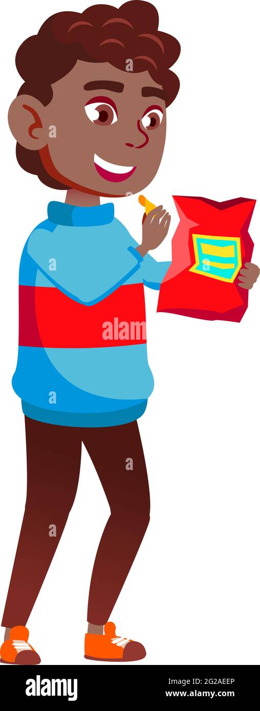 african boy child eating chips snack from package cartoon vector Stock ...