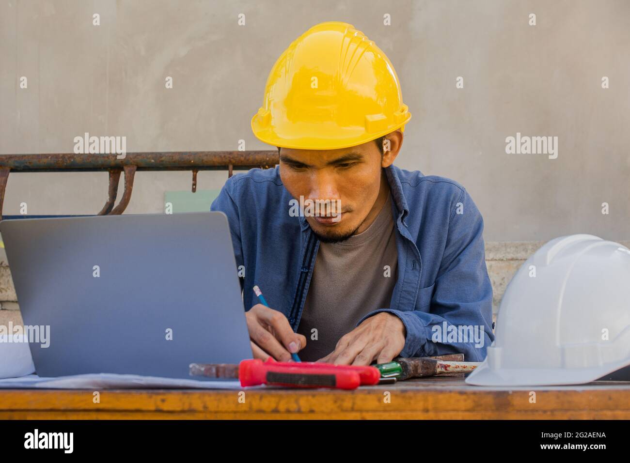 Architect Engineer construction working design project by computer ...