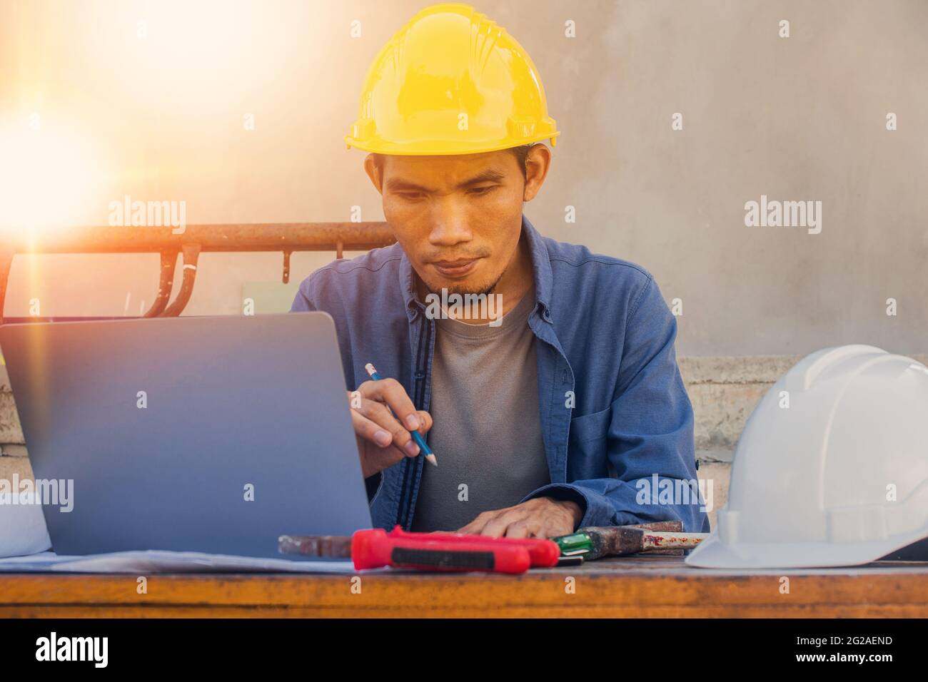 Architect Engineer construction working design project by computer ...