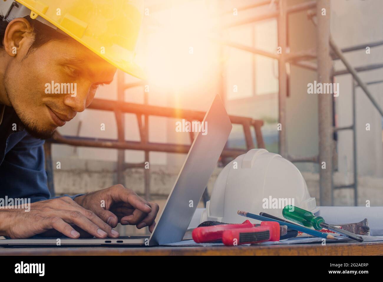 Architect Engineer construction working design project by computer ...