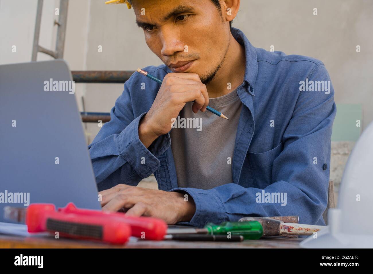 Architect Engineer construction working design project by computer ...