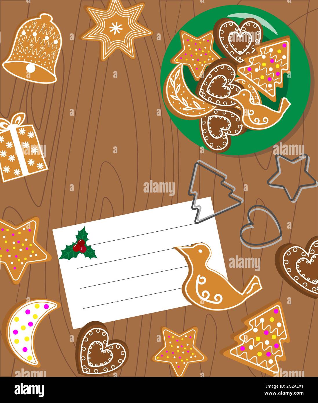 Card template with recipe and gingerbread cookies. Vector illustration ...