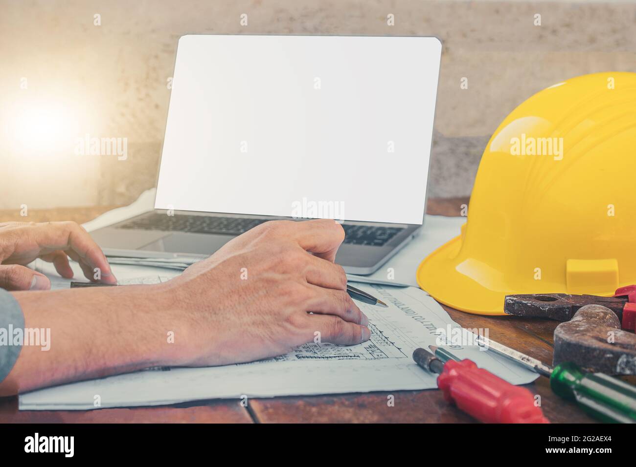 Close up hand check on paper blueprint drawing design real estate ...