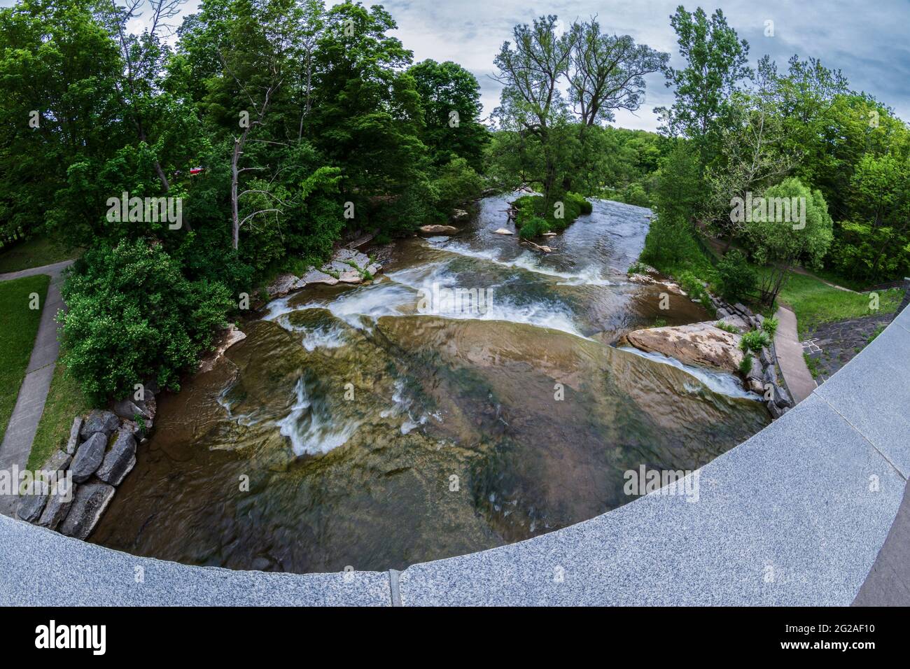An areal ultra-wide view of the main waterfall stream of Chittenango ...