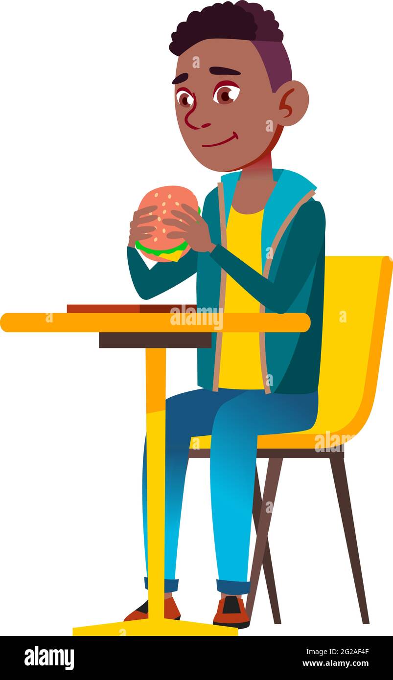 african boy eat cheeseburger at restaurant table cartoon vector Stock ...