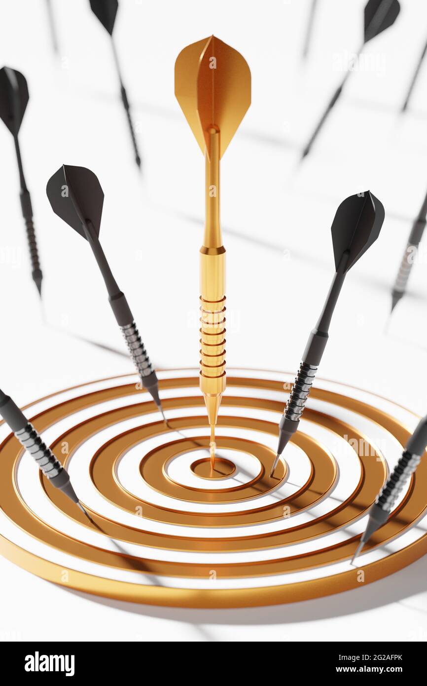 Golden dart among black on center dartboard 3D rendering, Business ...