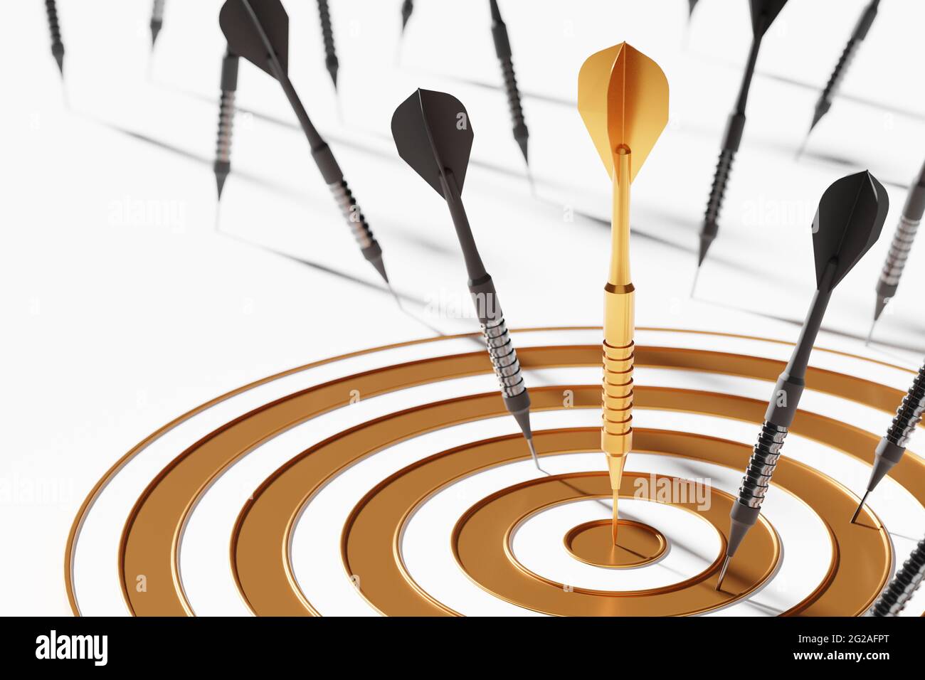 Golden dart among black on center dartboard 3D rendering, Business ...