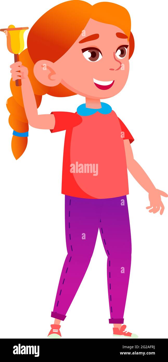 excited girl pupil ring bell on back to school day cartoon vector Stock ...