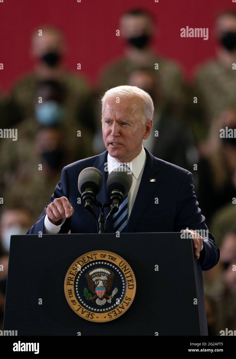 US President Joe Biden addresses US military personnel at RAF ...
