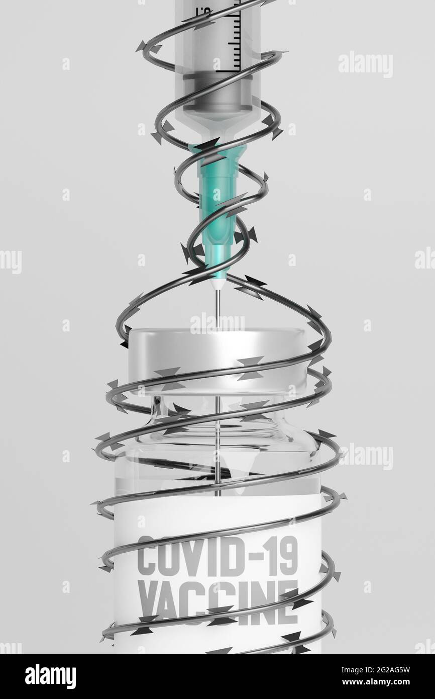 3D rendering Covid-19 vaccine syringe and bottle wiggle razor barbed or ...