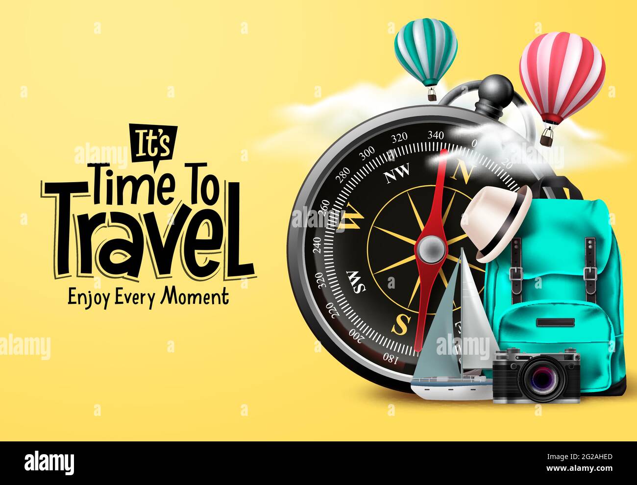 Travel time vector design. It's time to travel text in yellow empty ...