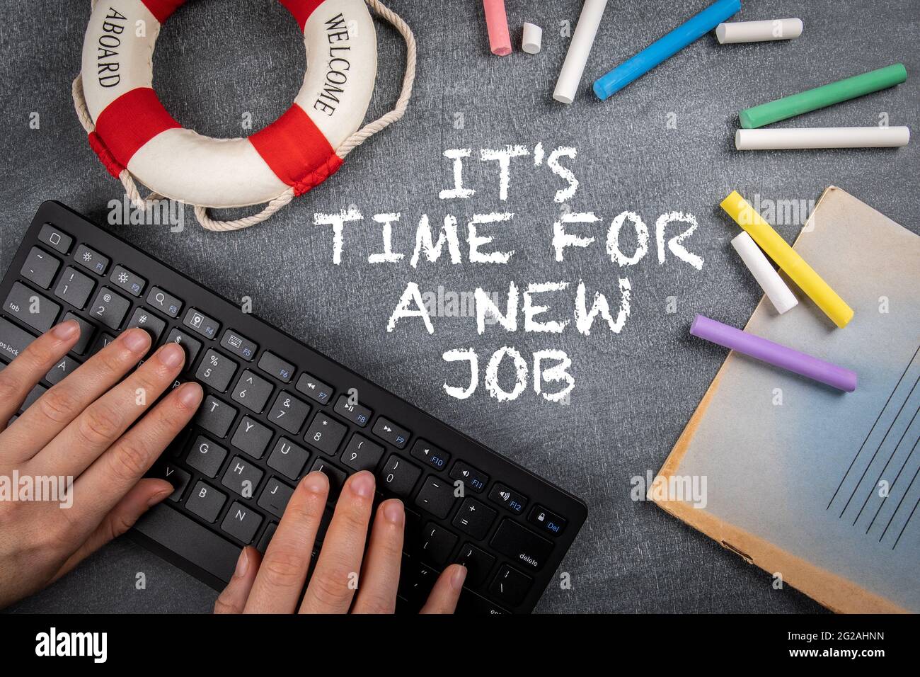 It's Time for a New Job. Computer keyboard on a black dropped ...