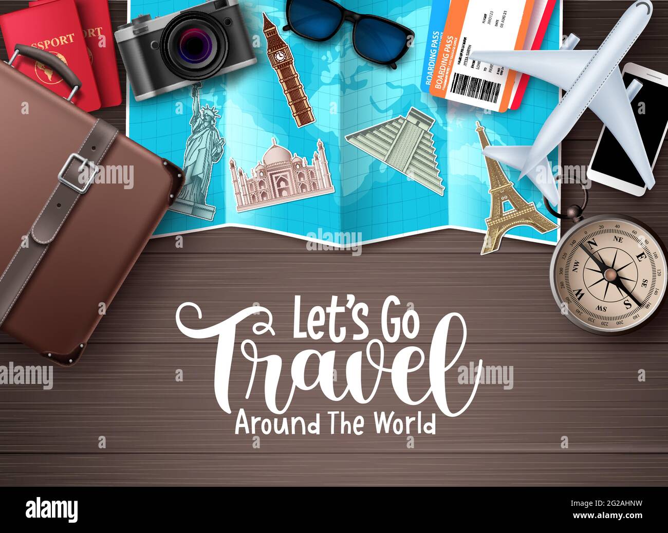 Travel vector design. Let's go travel around the world text in wood ...