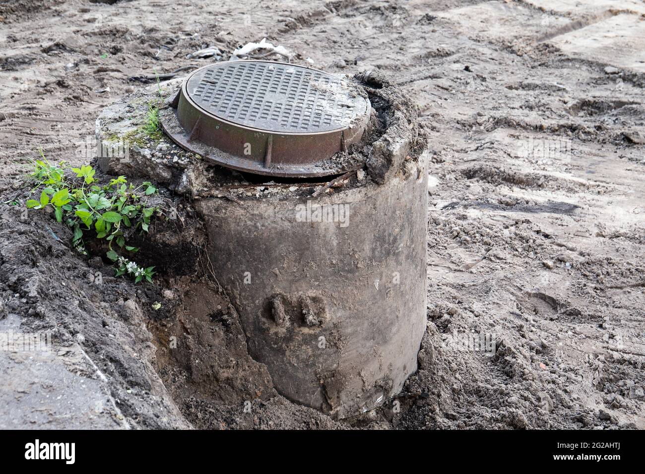 Water supply and sewerage construction. Sewer well. Construction site ...