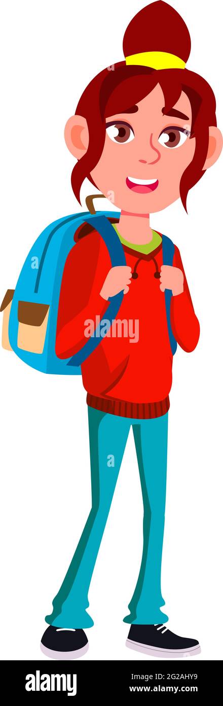 happiness girl pupil going to college with backpack cartoon vector ...