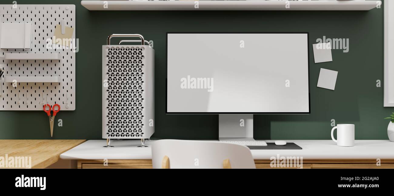 Computer device with mock-up screen in stylish working space, 3D ...