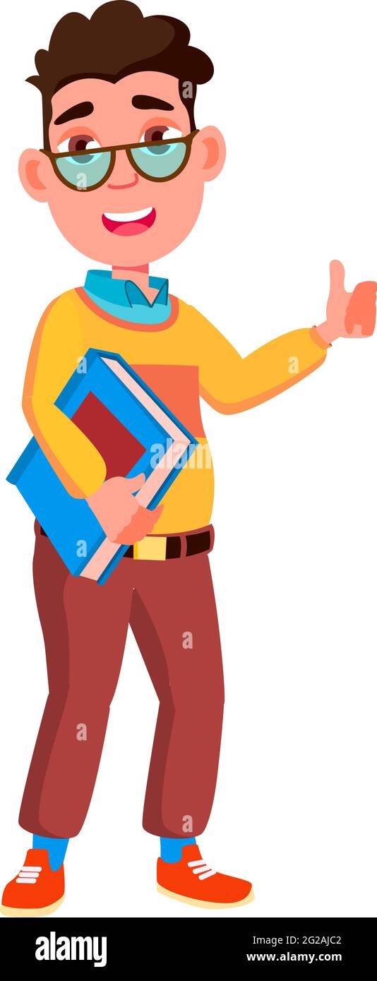smart boy with encyclopedia book in library cartoon vector Stock Vector ...