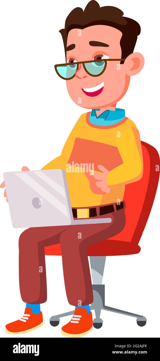 genius boy geek writing program code on computer cartoon vector Stock ...