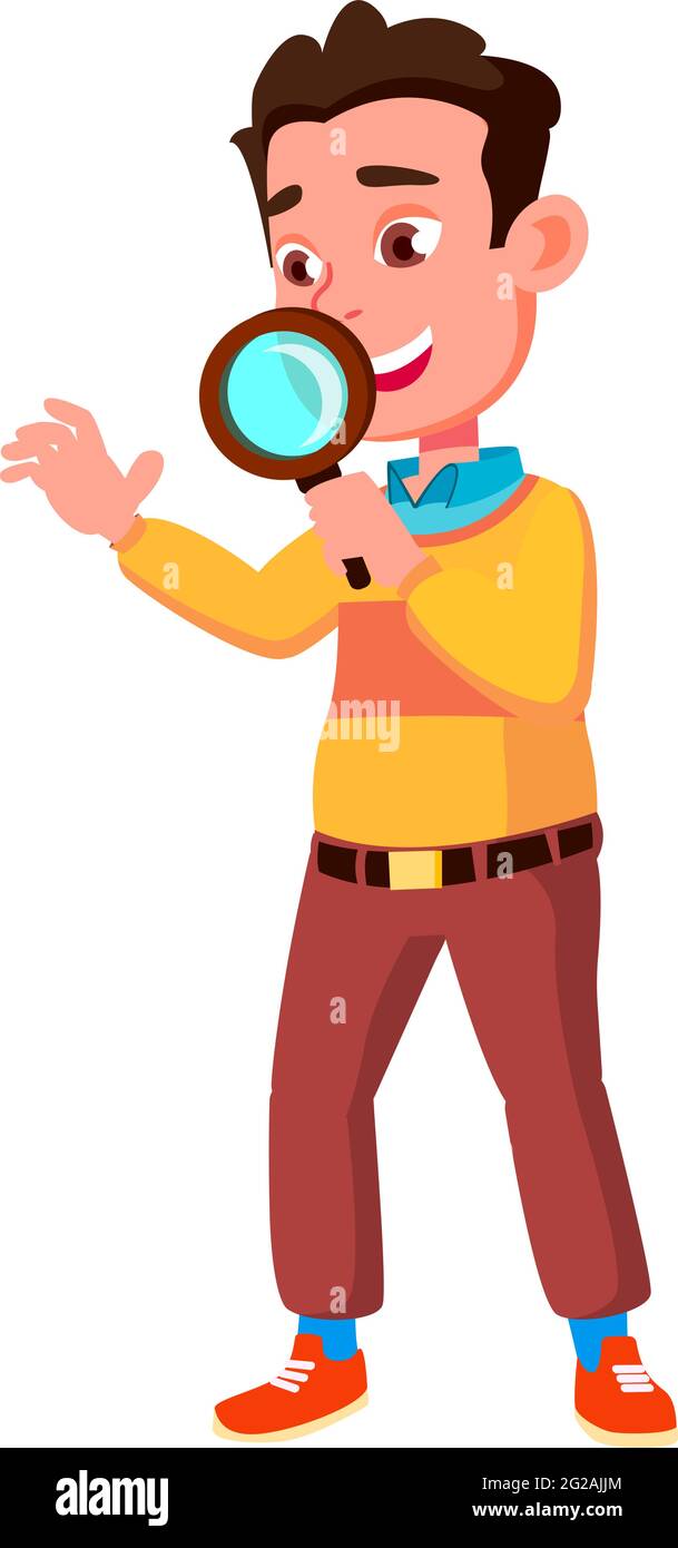 smiling boy researching insects with magnifier cartoon vector Stock ...