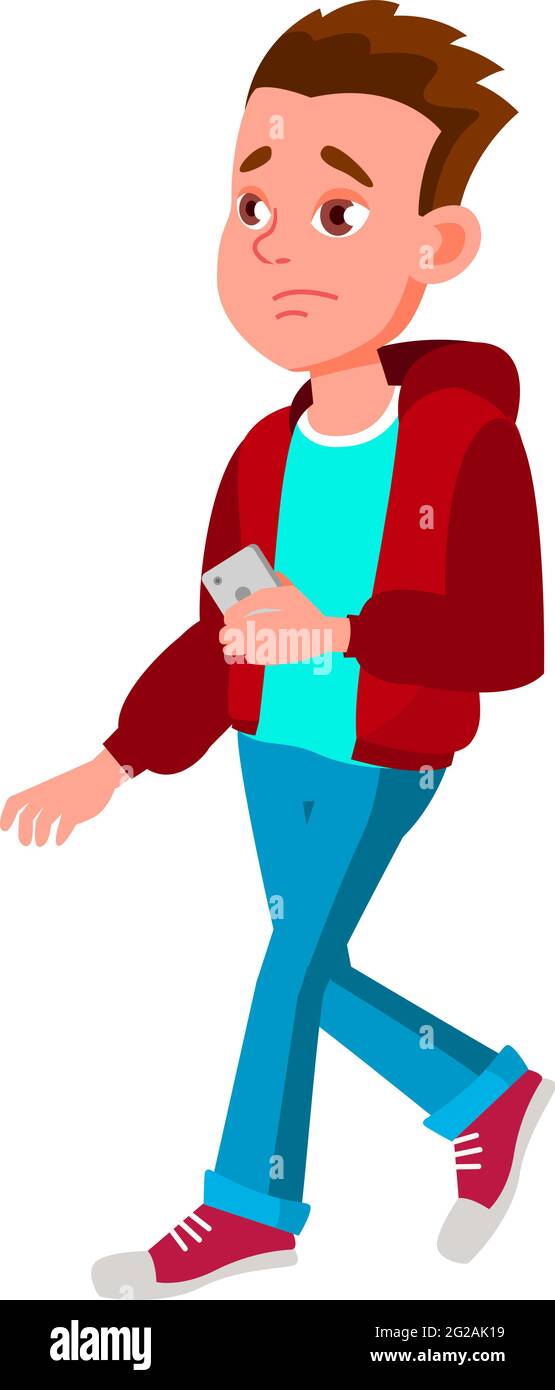 sad caucasian boy walk with cellphone on meeting cartoon vector Stock ...