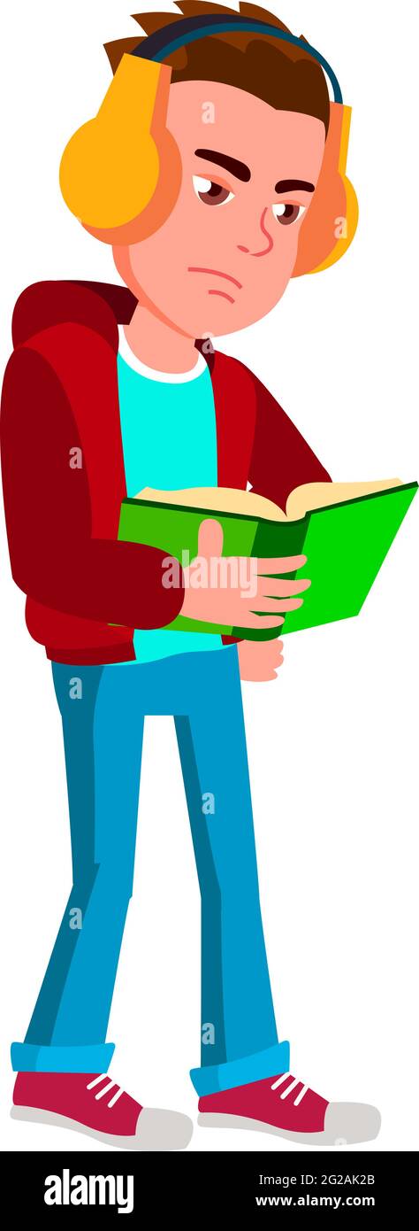 sad man reading book and listening music in earphones cartoon vector ...