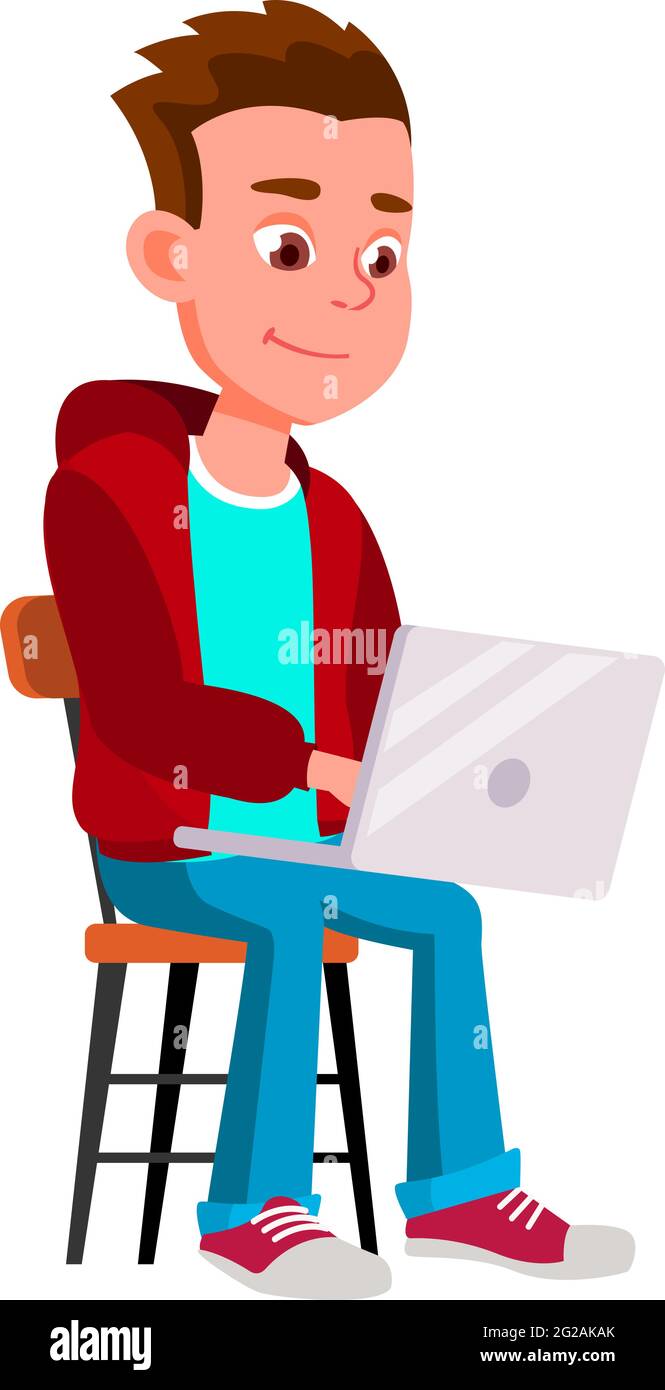 caucasian boy teen searching information in internet cartoon vector ...