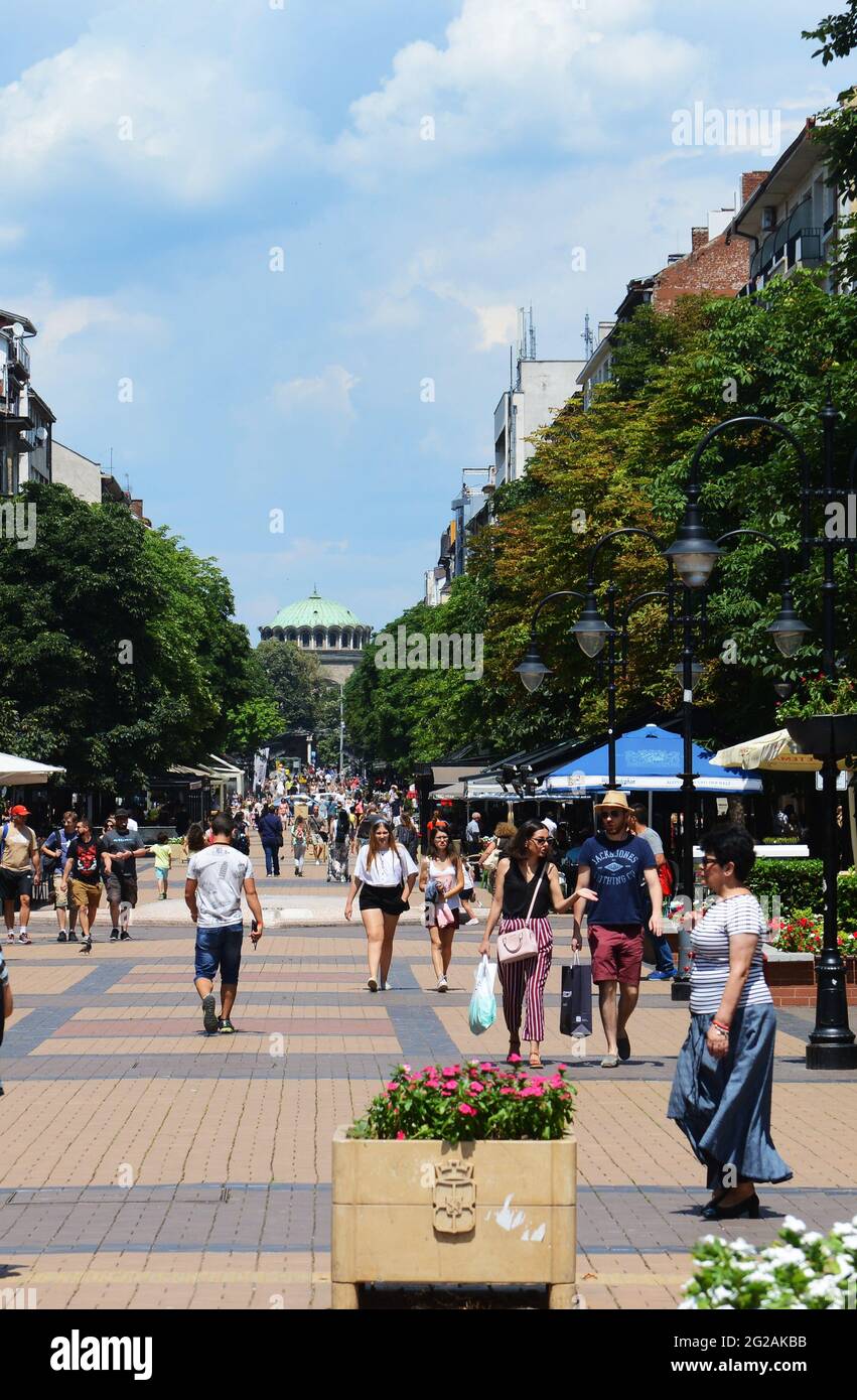 Vitosha Boulevard is a vibrant pedestrian street with many restaurants cafes and shops. Sofia ...